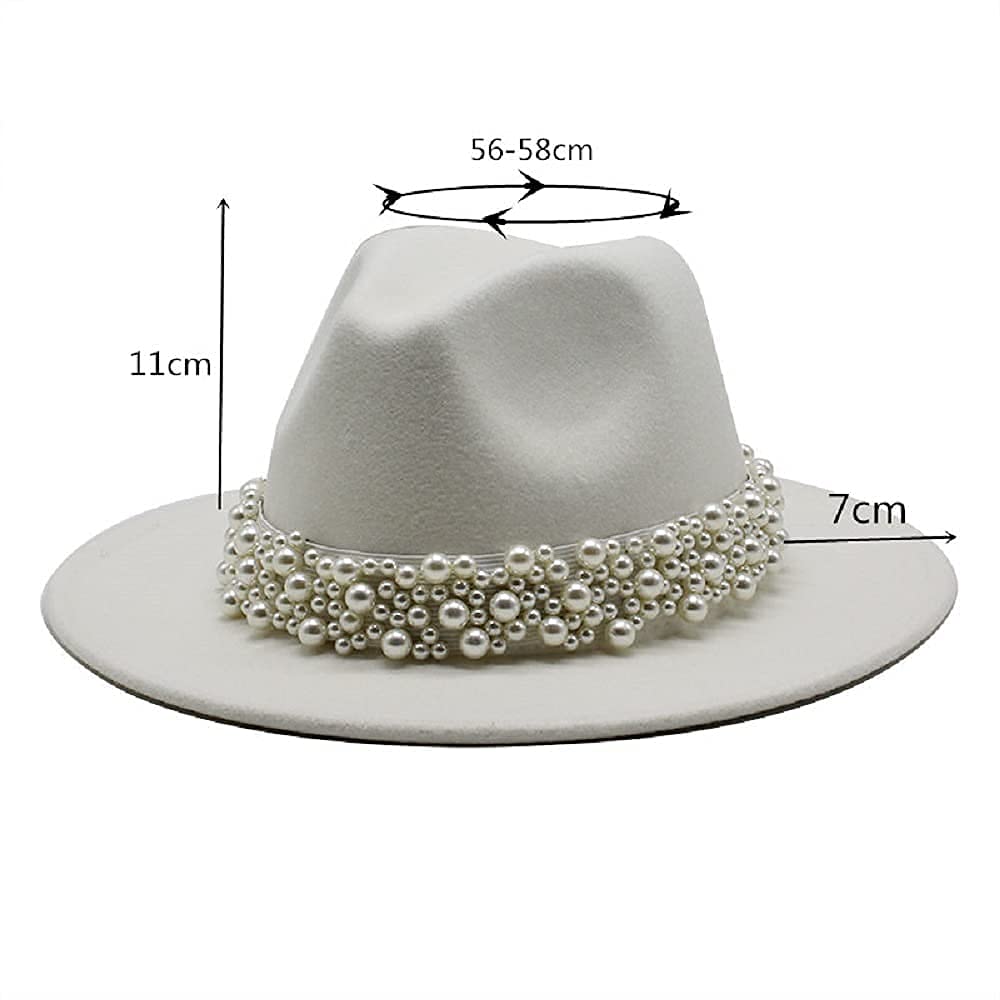 Women Trendy Fedora-Hat Wide Brim Felt Panama Classic Hat with Pearl Band (White with Pearl Band, Medium)