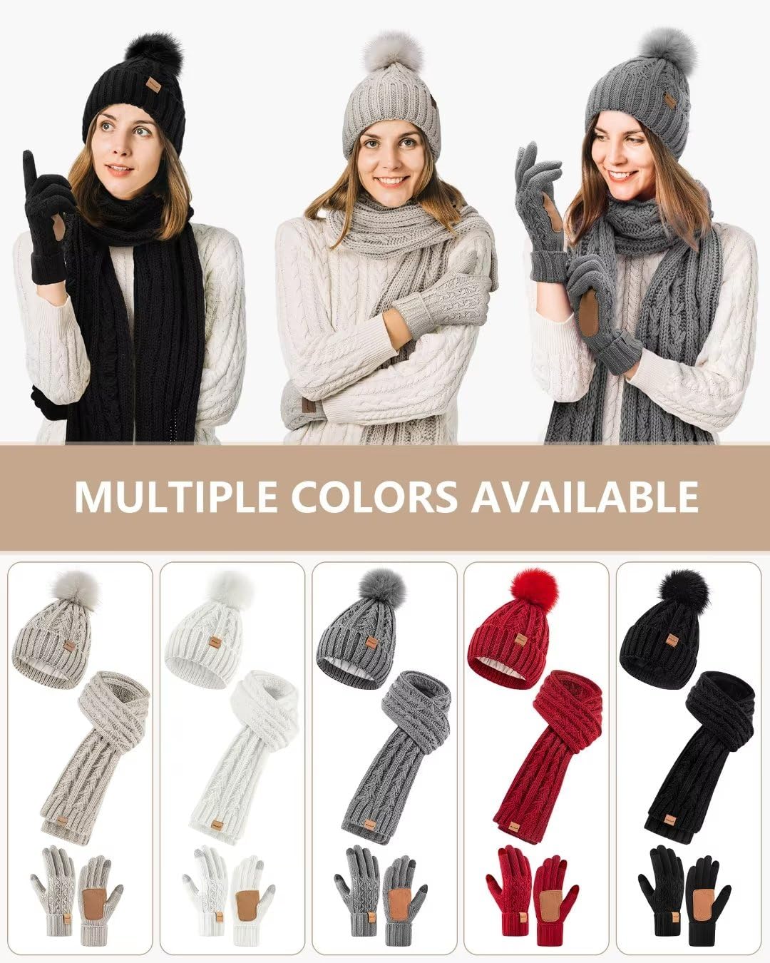 Women's 3-in-1 Fleece Winter Hat, Scarf & Touchscreen Glove Set with Pom Pom - Oatmeal