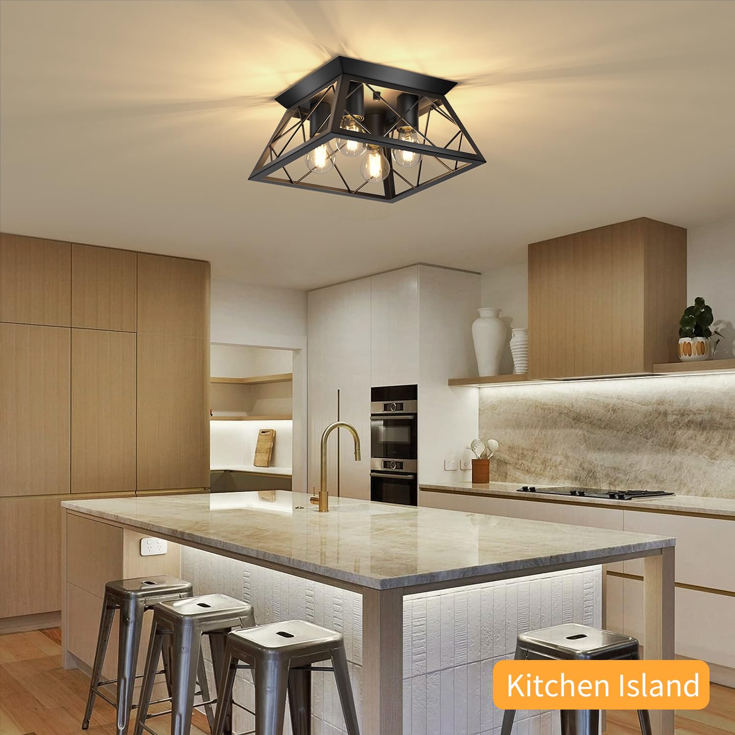 Umtozz 4-Light Kitchen Light Fixtures Ceiling Mount, Farmhouse Black Flush Mount Ceiling Light, Industrial Square Ceiling Light Fixture for Dining Room Living Room Bedroom