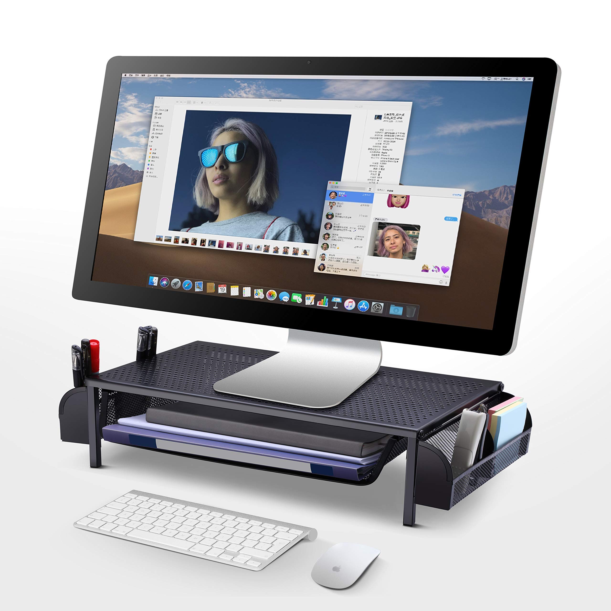 Simple Trending Metal Monitor Stand Riser with Drawer, Wood Desk Computer Organizer with Side Storage for Laptop…