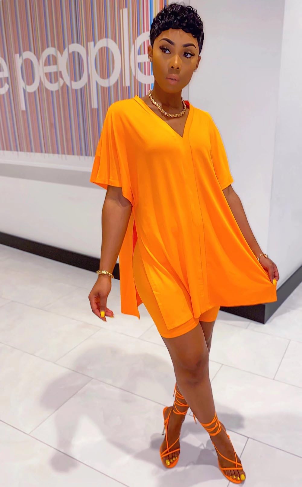 Women Casual Oversized Two Piece Outfits Batwing Sleeve Split Caftan Poncho Tops Shorts Set Tracksuit Jumpsuit Orange XL