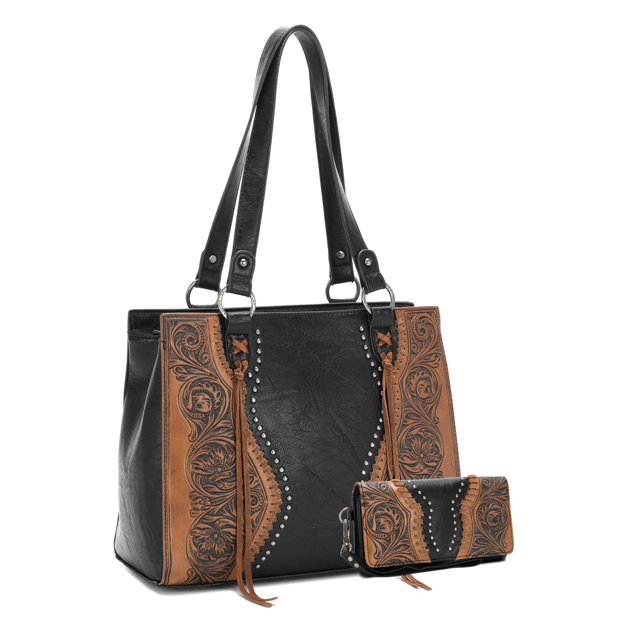Trinity Ranch Western Purses for Women Hobo Bags Tooling Leather Satchel Large Shoulder Tote Handbag with Wallet TR147G-8113BK+W