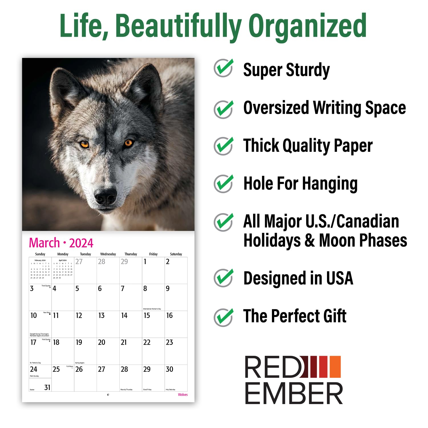 Wolves 2024 Hangable Monthly Wall Calendar by Red Ember Select Series | 12" x 24" Open | Thick & Sturdy Paper | Giftable | Animals | The World's Most Beautiful Wolves