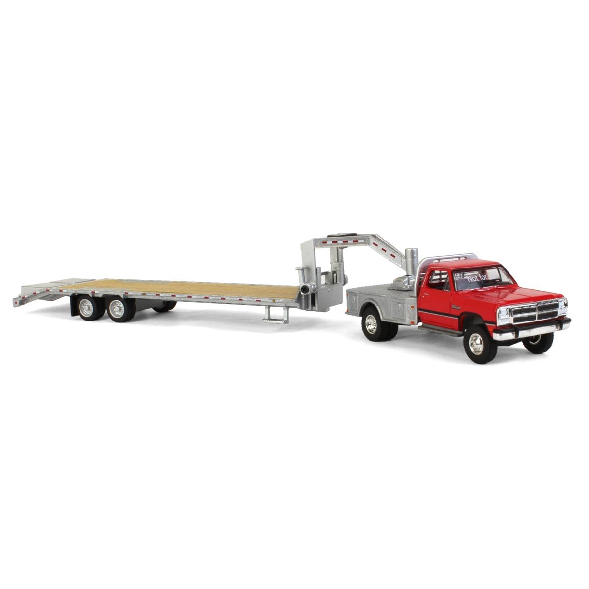 Truck 1/64 1992 Dodge Ram 1st Generation Red with Silver Flatbed & Silver Gooseneck Trailer 51387-B