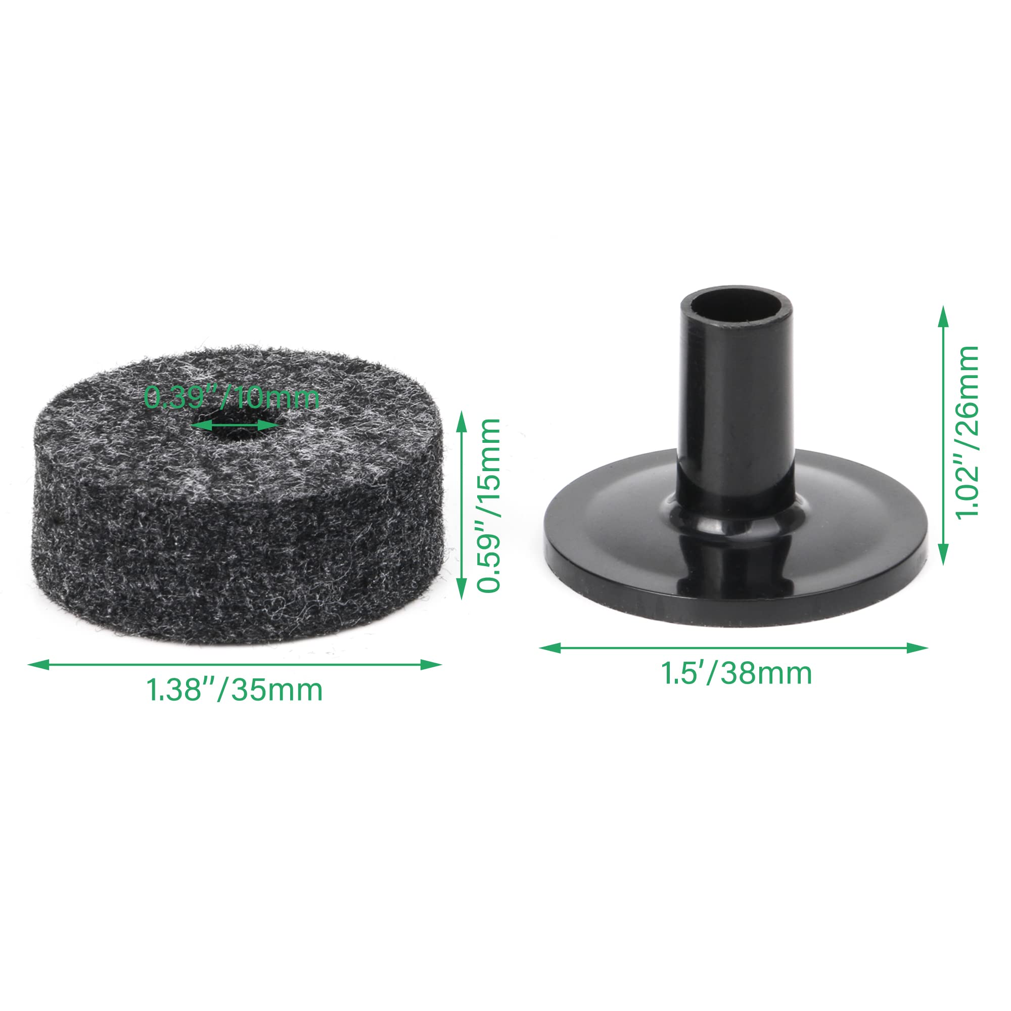 Yibuy Black Drum Set Replacement Parts 15mm Thick Felt Washers & Plastic Long Flanged Cymbal Sleeves Pack of 10