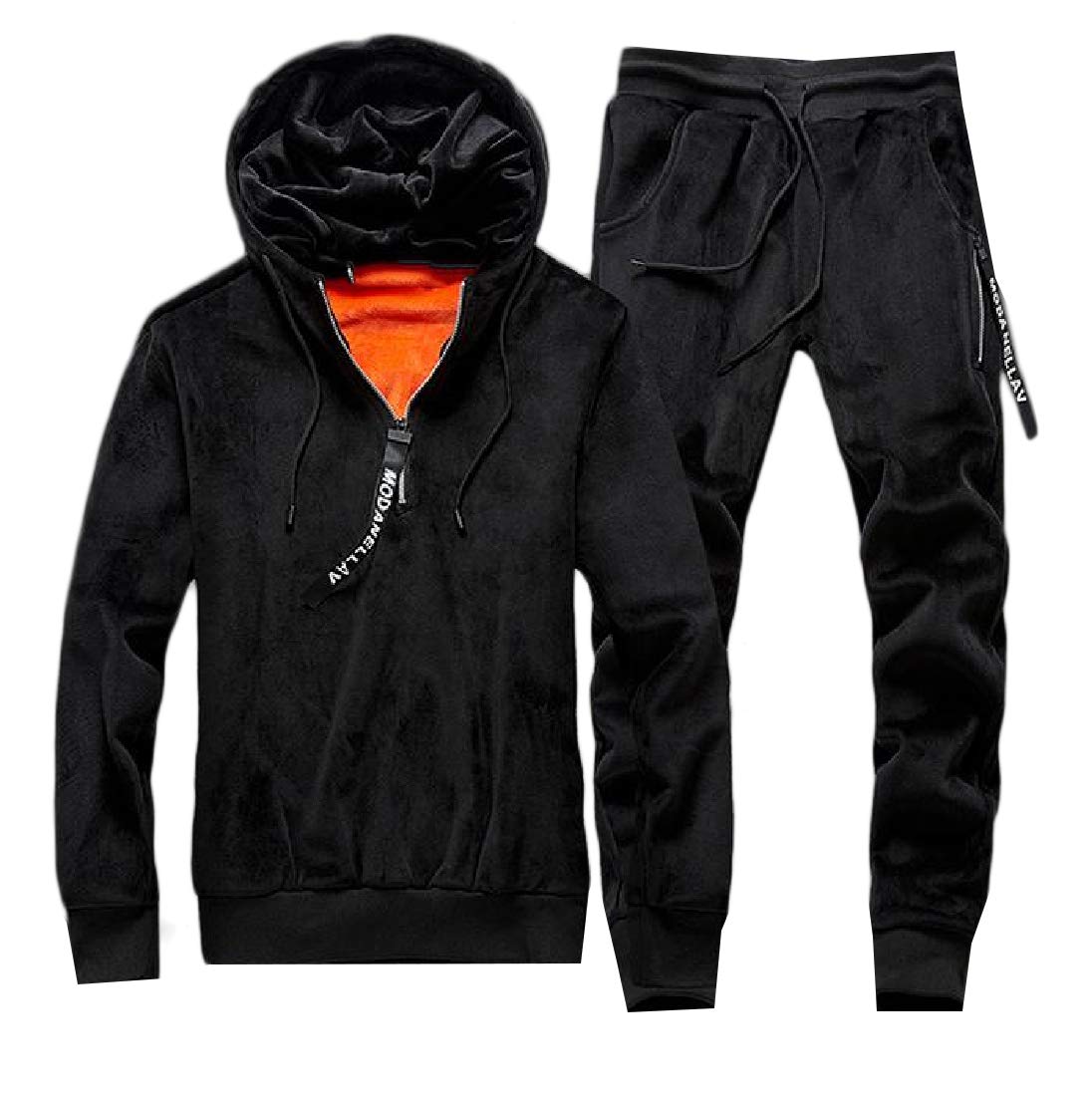 Winwinus Men 2-Piece Velour Athletic Fit Hoodie Relaxed-Fit Sport Tracksuit Black XL