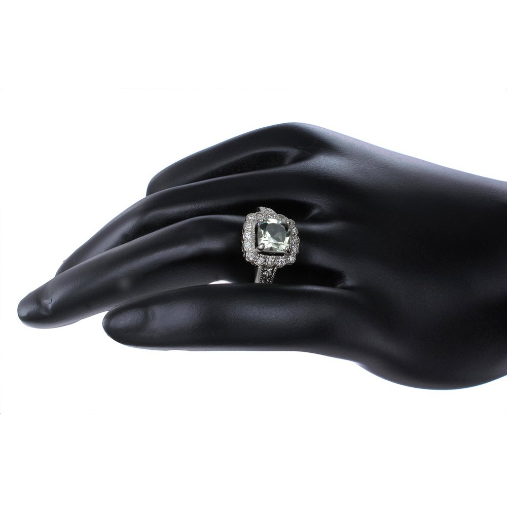 VIR JEWELS 1 cttw 7MM Green Amethyst Ring .925 Sterling Silver with Rhodium Cushion Cut Size 8