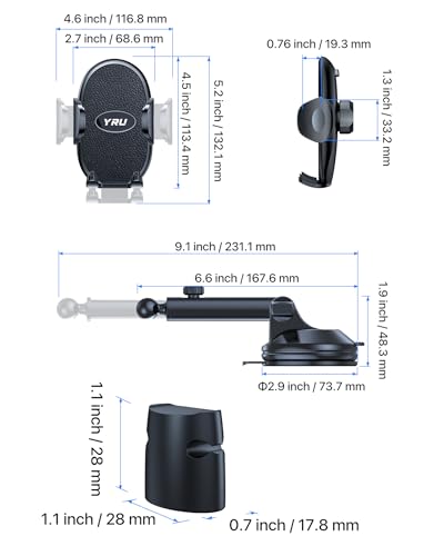 YRU [2024 Upgraded] Universal Car Phone Holder Mount【 360° Rotatable &Strong Suction】 Cell Phone Holder for Car Dashboard Windshield Phone Holder Dash Stand for iPhone 15 14 13 Samsung Truck, Black