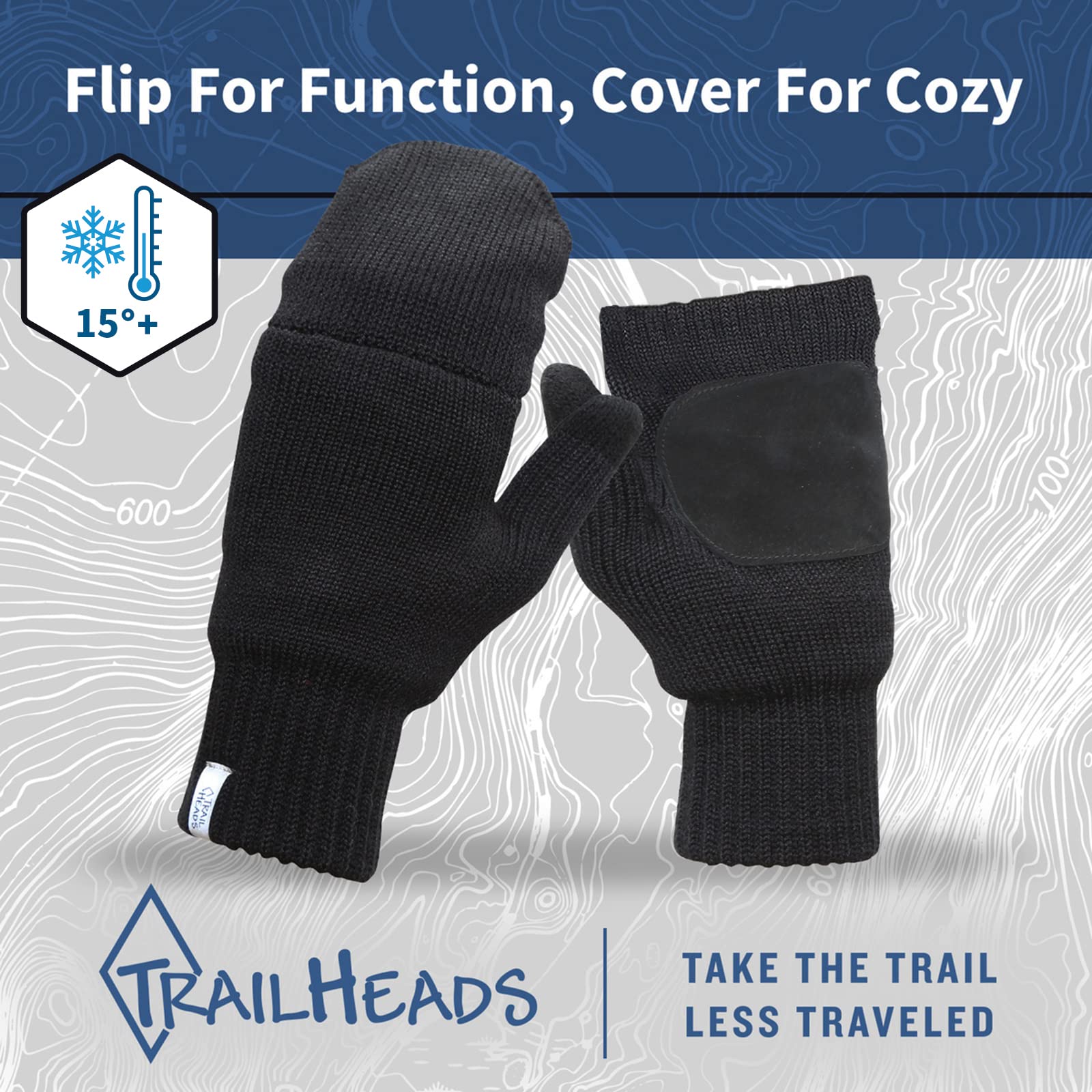 TrailHeads Women’s Fingerless Gloves | Merino Knit Convertible Mittens - black (small/medium)