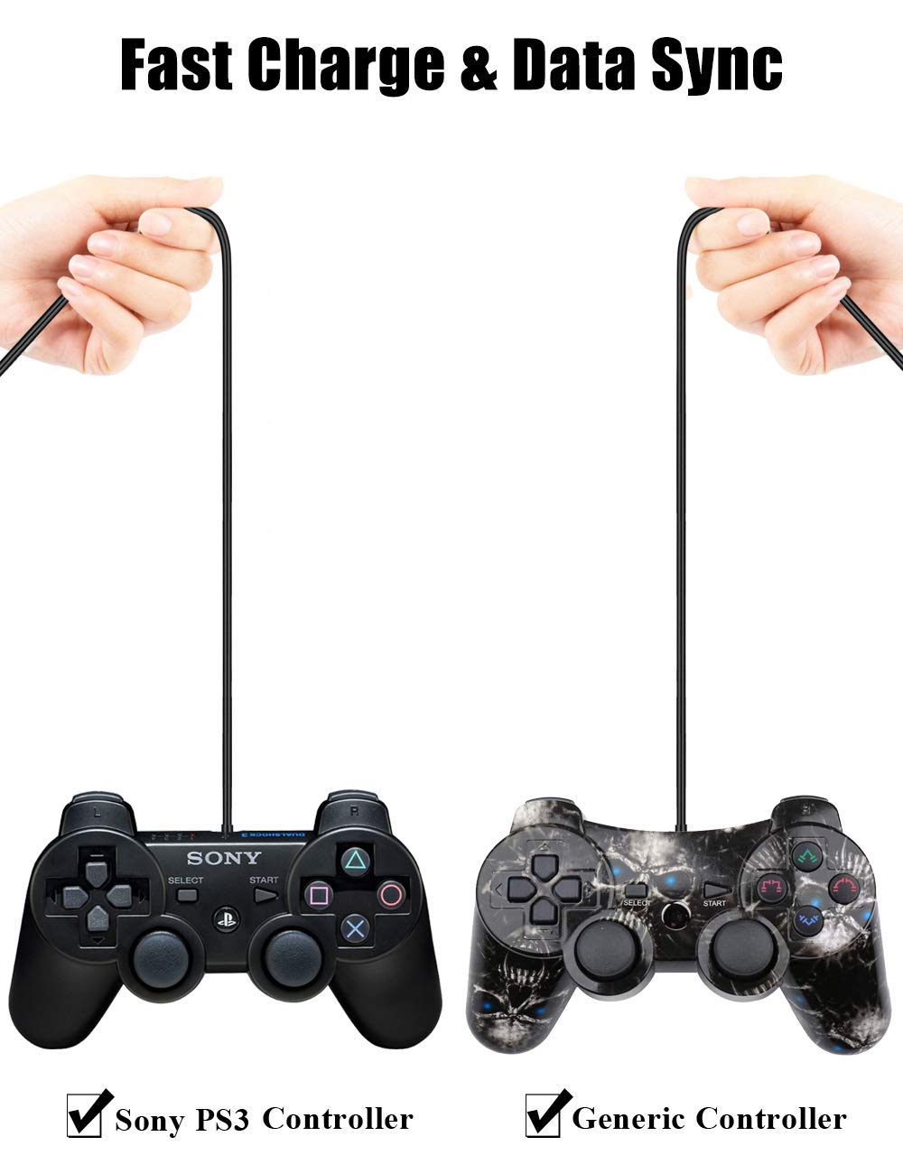 TPFOON 2Pcs Pack PS3 Controller Charger Charging Cable Sync Cord, 3M 10ft Mini USB Charge and Play Cable for PS Move/PS3/PS3 Slim Wireless Controller