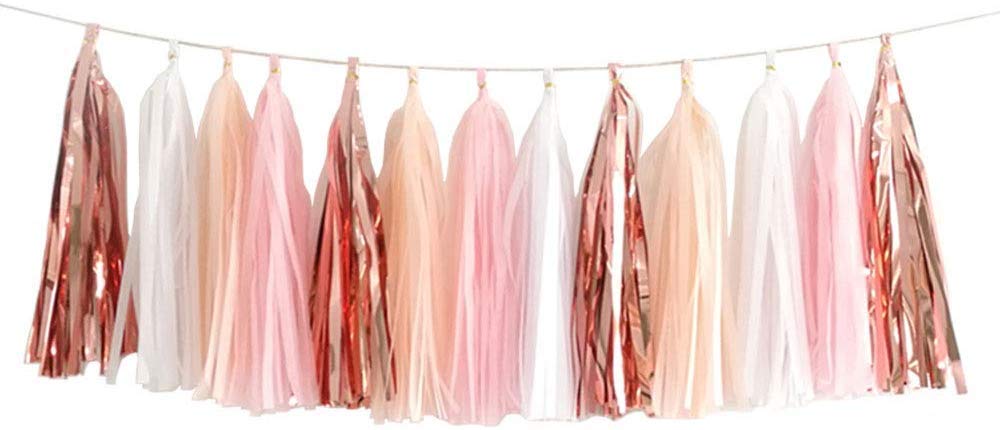 ZOOYOO Shiny Tassel Garland Tissue Paper Tassel Banner,Table Decor,DIY Kits for Tassels Party Decoration,Pack of 20 - (Rose Gold/Peach Color/Light Pink/White)