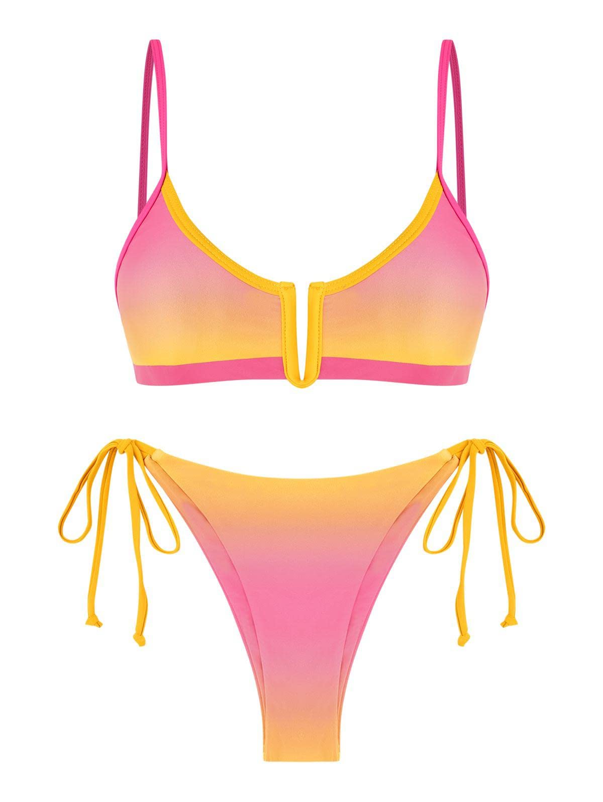 ZAFUL Women's V Wired Colorblock Bikini Set High Leg Swimwear Cheeky Swimsuit Two Piece Bathing Suits