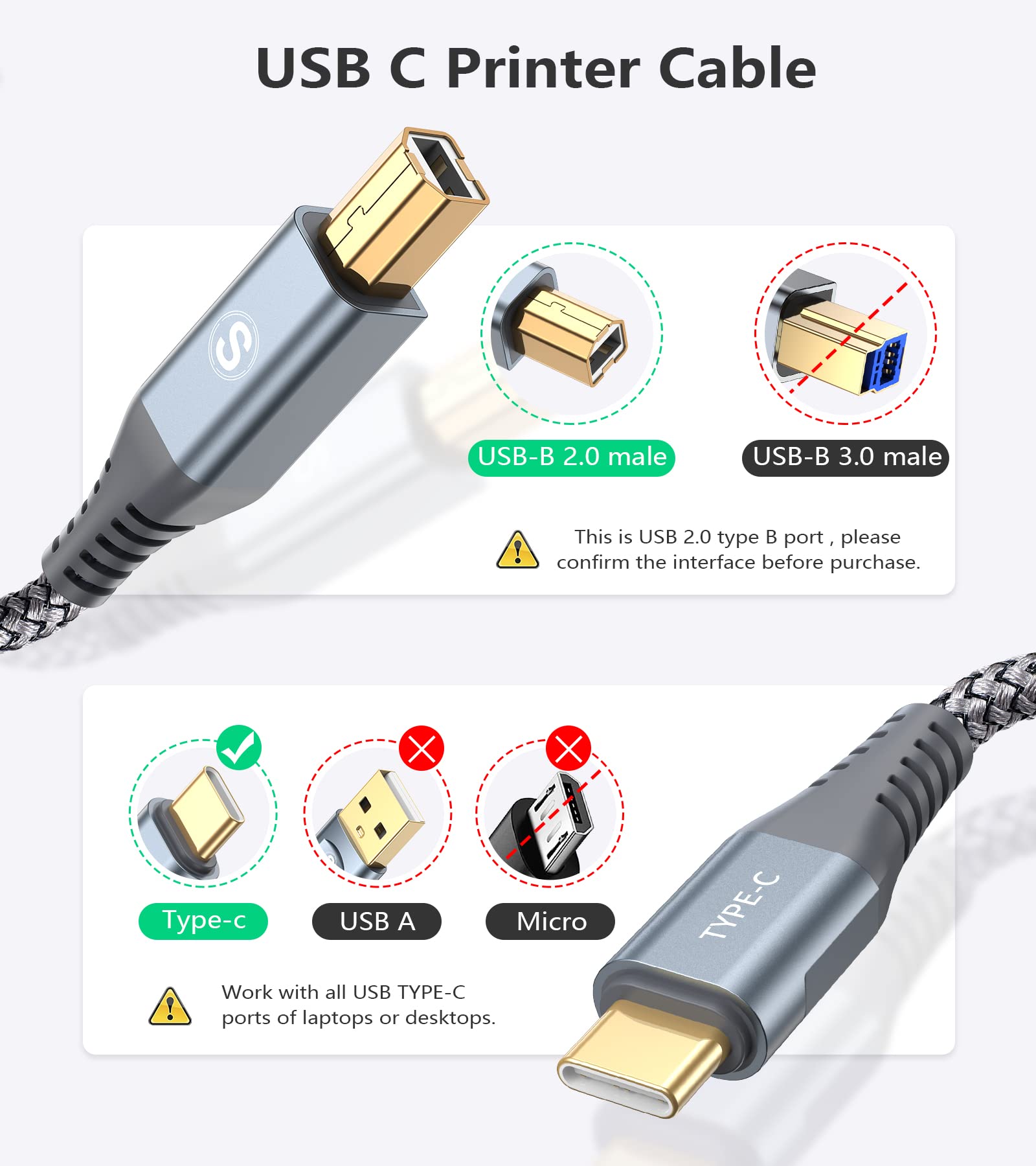 USB C Printer Cable 15ft, USB C to USB B Printer Cable Nylon Braid High-Speed USB C MIDI Cable for MacBook Pro/Air, Digital Piano MIDI Controller, HP Epson Canon Brother Lexmark Printers and Scanner