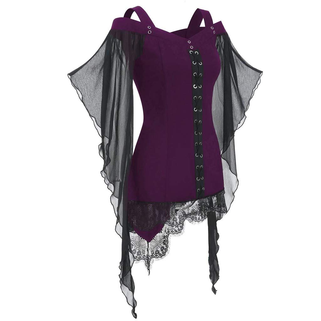 Women Gothic Criss Cross Lace Insert Butterfly Sleeve T-Shirt Plus Size Tops Purple