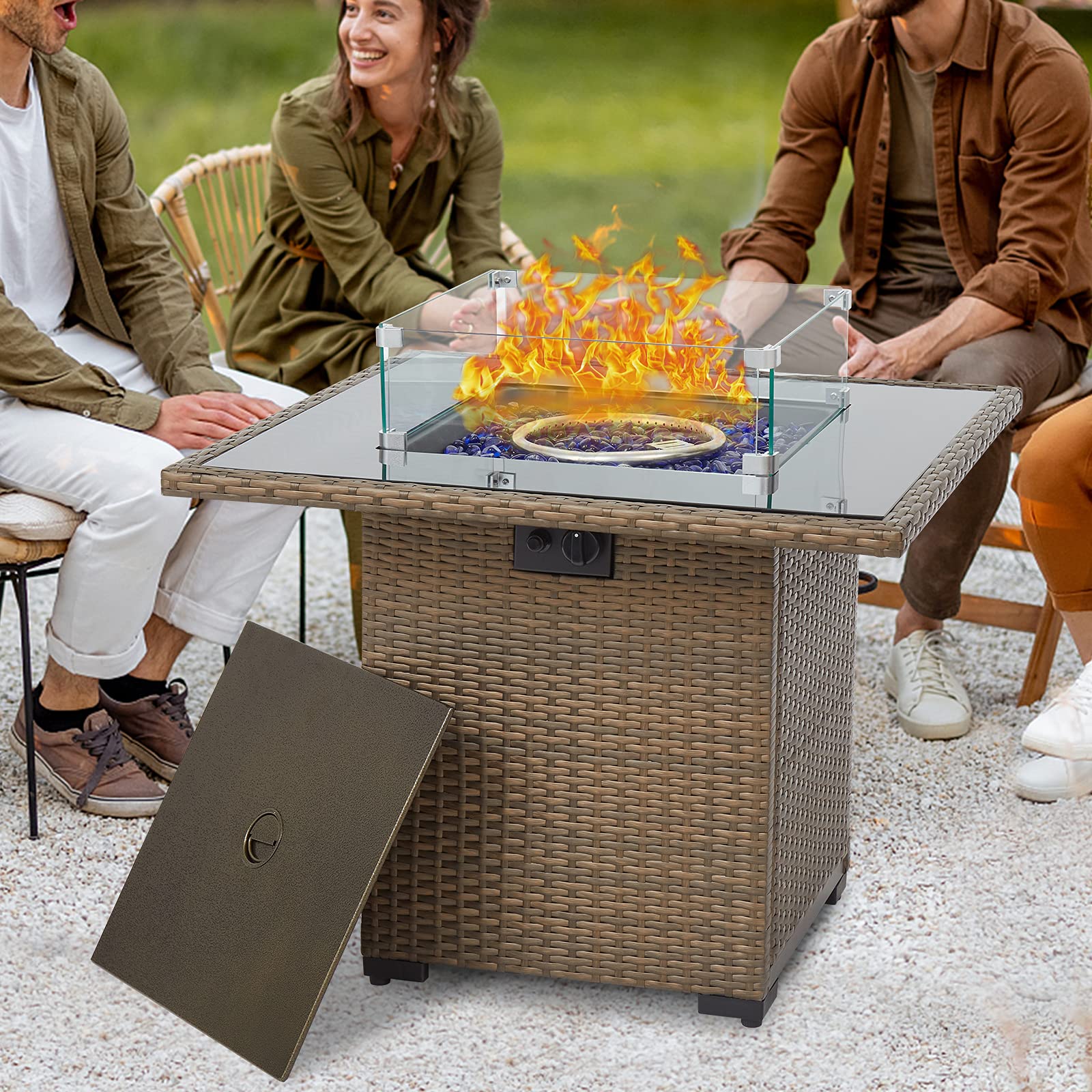 Square Gas Fire Pit Table, 2-in-1 Outdoor Propane Fire Table, 32 inch Firepit Table with Blue Stone Glass Wind Guard, Black Tempered Glass Tabletop, 50,000 BTU, Brown