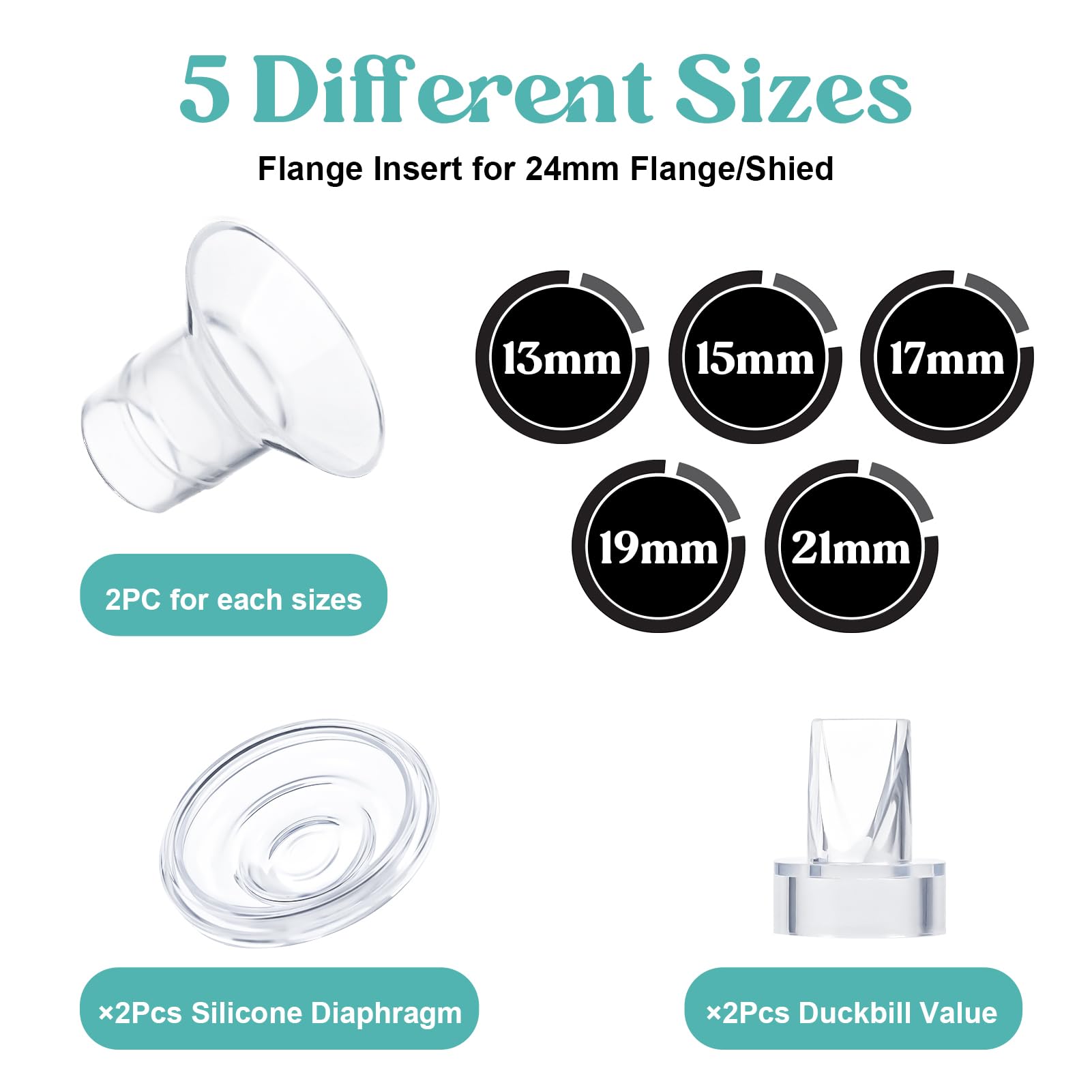 XLSXEXCL 10 PCS Flange Inserts 13/15/17/19/21mm Compatible with S12 Pro/S9 Pro/S12/S9 Breast Pump, Including Duckbill Valve & Silicone Diaphragm