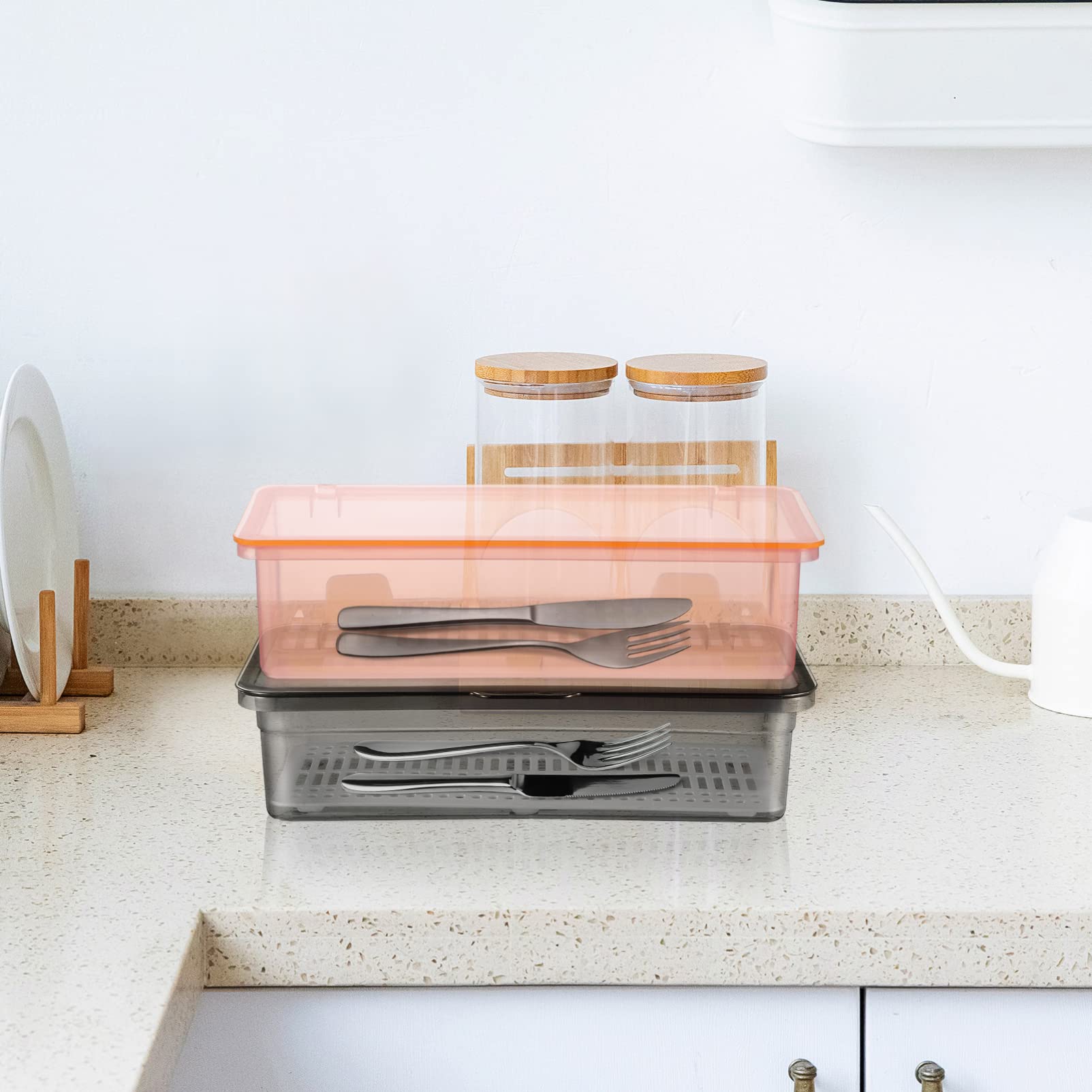 Zerodeko Clear Container 2pcs Silverware Organizer with Lid Covered Kitchen Cutlery Tray Plastic Drawer Organizer Tray Utensil Storage Container Dinnerware Holder for Home Storage Drawers