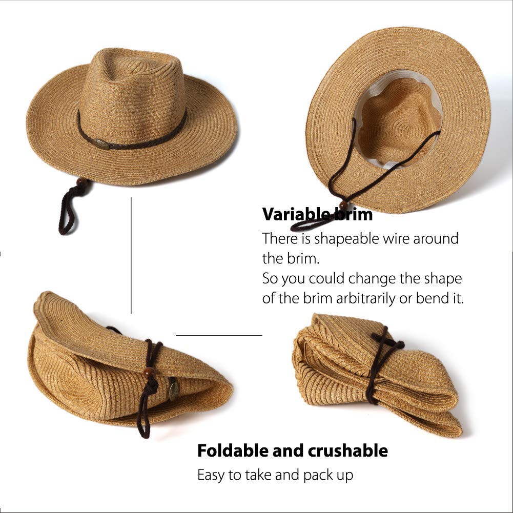 Womens Straw Sun Hat Classic Flat Beach Hat Mens Garden Hat Cowboy Style Hat with Wind Lanyard UPF 50+ Summer Hat Khaki