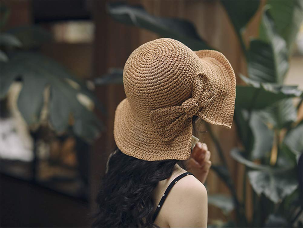 Womens Summer Sun Beach Straw Hat UPF50 Travel Foldable Wide Brim Summer UV Hat with Big Bow (Coffee)