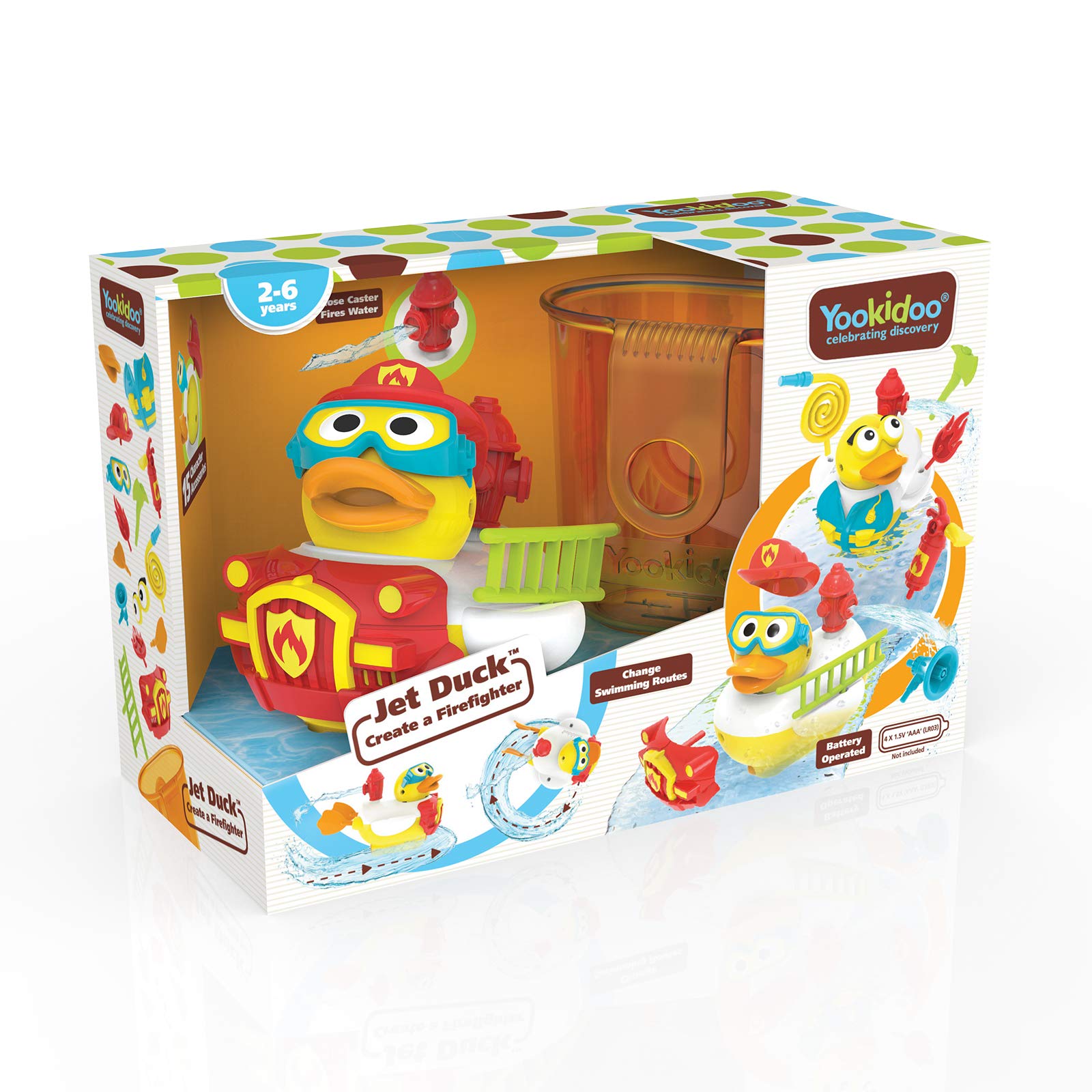 Yookidoo Jet Duck Firefighter Bath Toy with Powered Water Hydrant Shooter - Sensory Development & Bath Time Fun for Kids - Battery Operated Bath Toy with 15 Pieces - Ages 2+