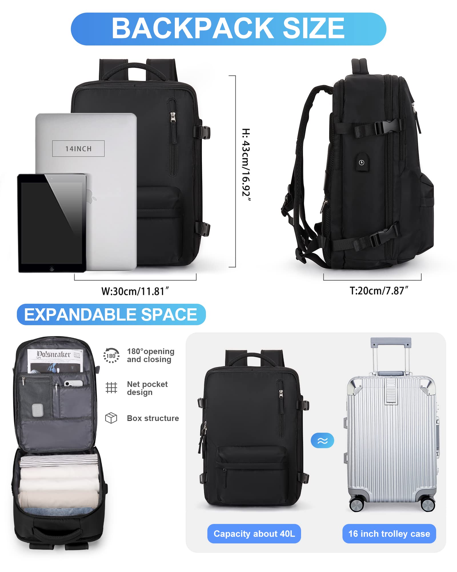 VECAVE Carry On Backpack for Women,Large Travel Backpack Flight Approved,Waterproof 17 Inch Laptop Backpack Business Work Backpacks Men Mochila De Viaje GreyBlue