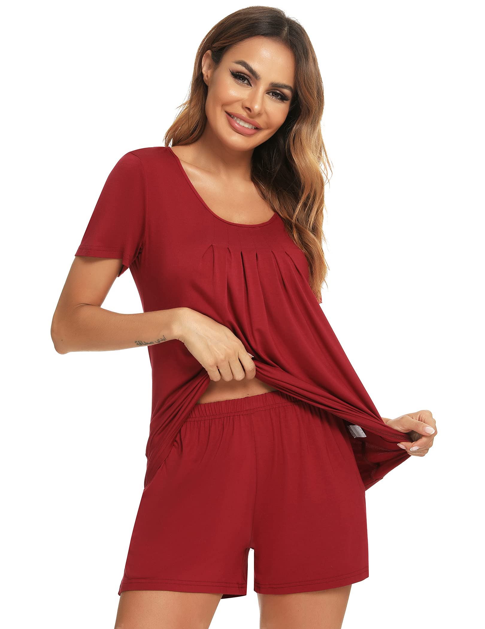 Roojaa Womens Pajama Set Pleated Loose Short Sleeve Pjs Soft Summer Casual Sleepwear