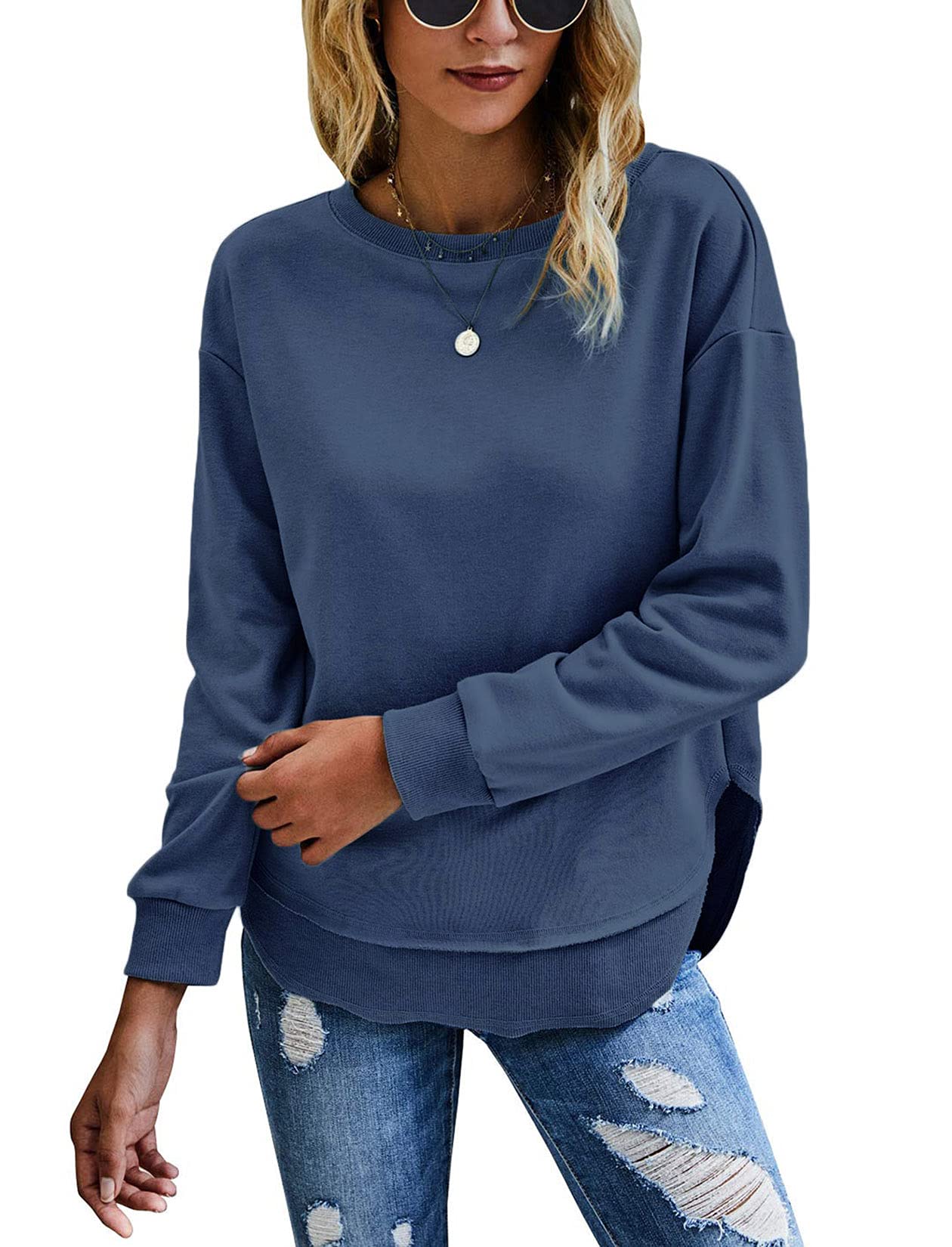 Women’s Long Sleeve Casual Sweatshirt Relaxed Loose Fitted Tunic Tops Pullover Shirts Blue X-Large