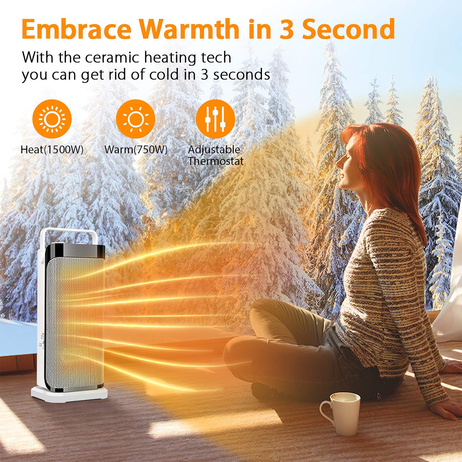 Space Heater for Office - Portable Electric Ceramic Quiet Tower Heater Fan with Thermostat, Fast Heating, 120°Oscillating Efficient for Personal Home Bedroom Large Room Bathroom Under Desk Indoor Use