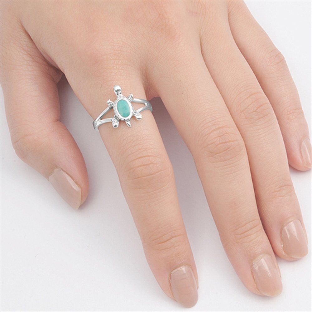 Women's Turtle Simulated Turquoise Polished Ring New .925 Sterling Silver Band Size 7
