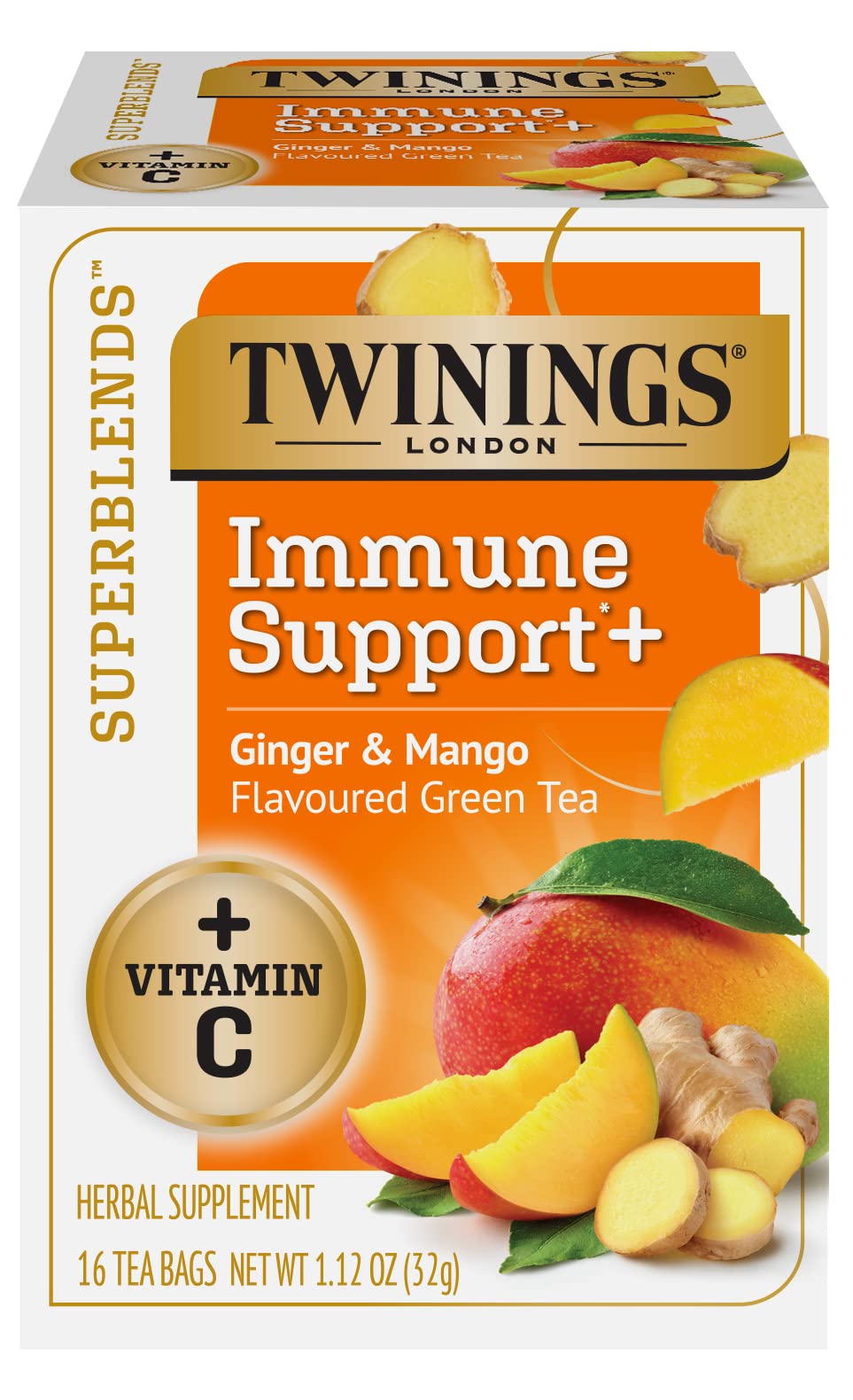 Twinings Superblends Immune Support+ Herbal Tea with Vitamin C, Ginger & Mango Flavoured Green Tea, 16 Tea Bags (Pack of 6), Enjoy Hot or Iced