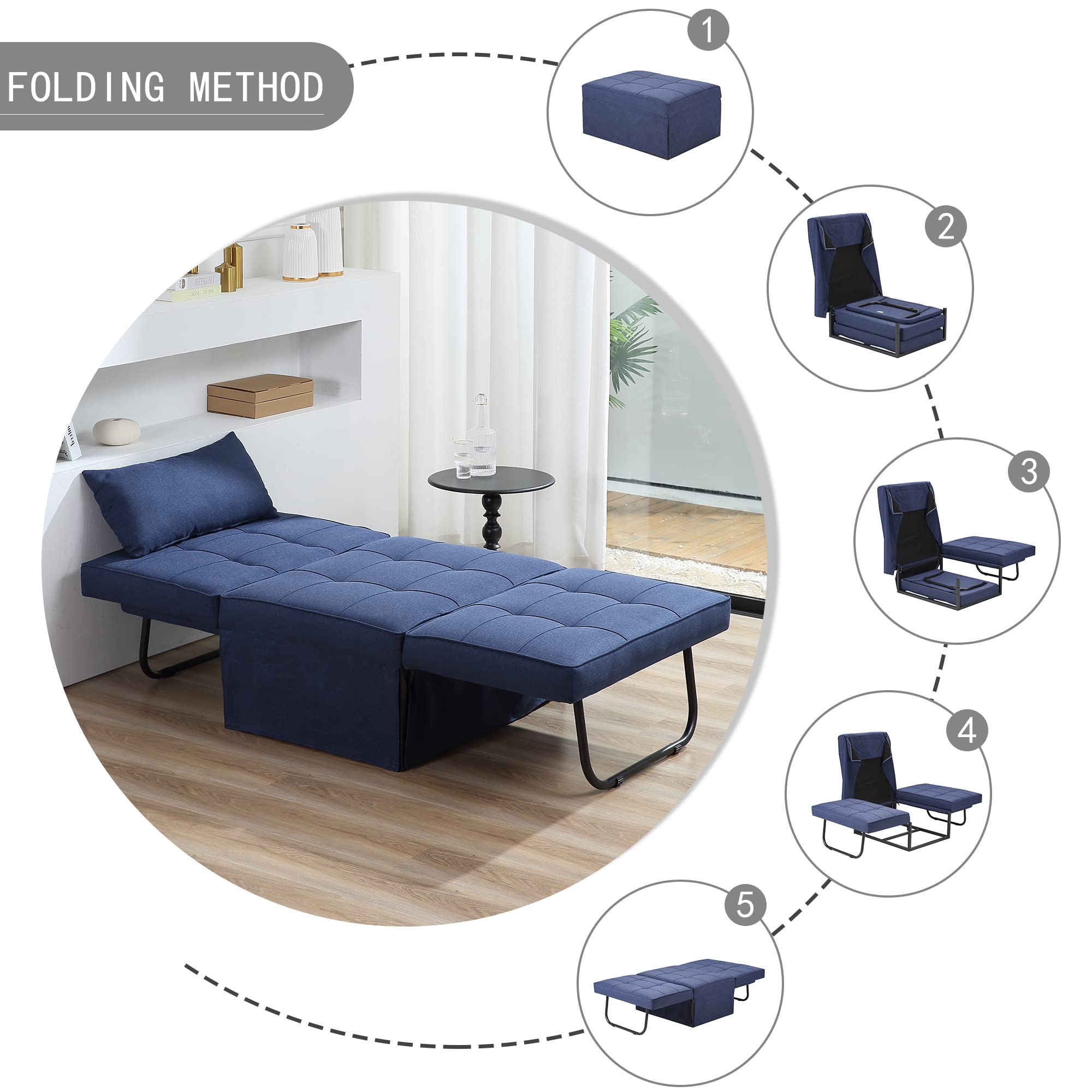 Sofa Bed, 4 in 1 Multi-Function Folding Ottoman Breathable Linen Couch Bed with Adjustable Backrest Modern Convertible Chair for Living Room Apartment Office,Blue