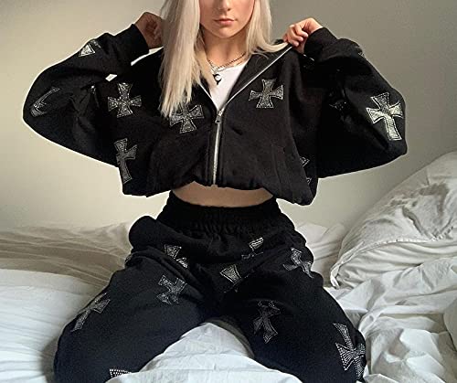 TINXIEA Women's E-Girl Oversized Sweatshirt Vintage Zip Up Hoodies Coat Long Sleeve 90s Streetwear Pullover Jacket(Black Rhinestone Cross, Small)