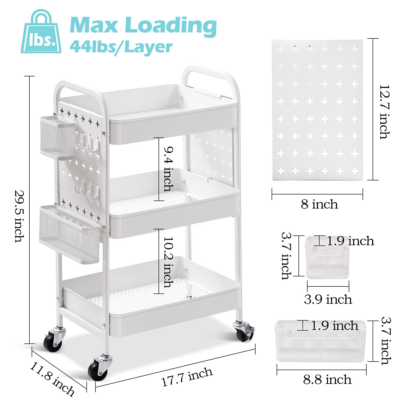 TOOLF 3-Tier Rolling Cart, Metal Utility Storage Cart with DIY Pegboards, Art Craft Trolley with Baskets Hooks, Organizer Serving Cart Easy Assemble for Office, Home, Kitchen, Classroom, White