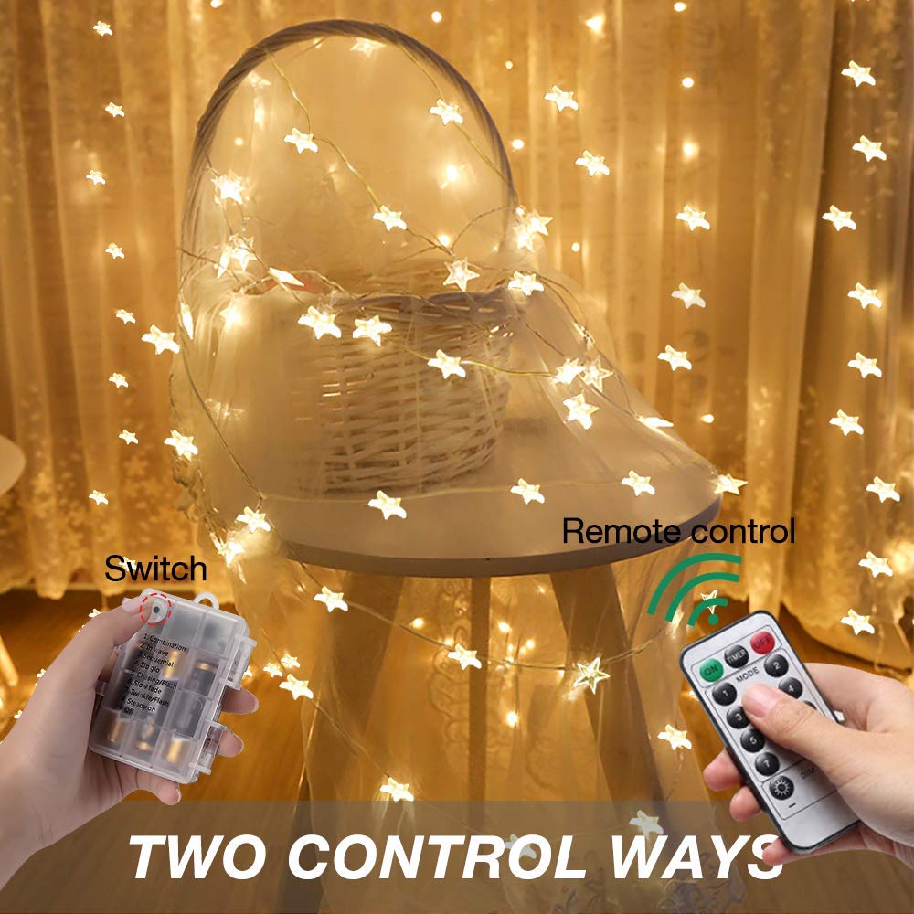 YoTelim Star String Lights Battery Operated Warm White ,Water Proof 2 Pack 19.7FT 40 LED Fairy String Light 8 Modes with Remote Control, for Home, Party, Christmas, Wedding, Garden Decoration