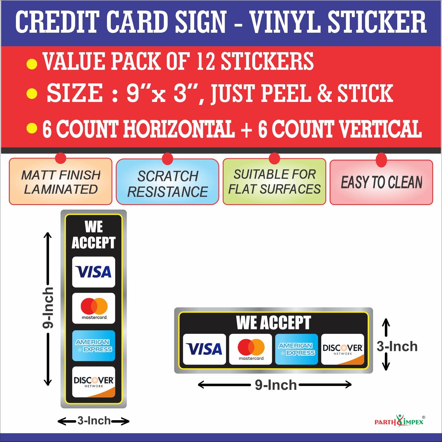 We Accept Credit Card Stickers - (Pack of 12) 9" x 3" Large Matte Finish Laminated Sign Vinyl Decals