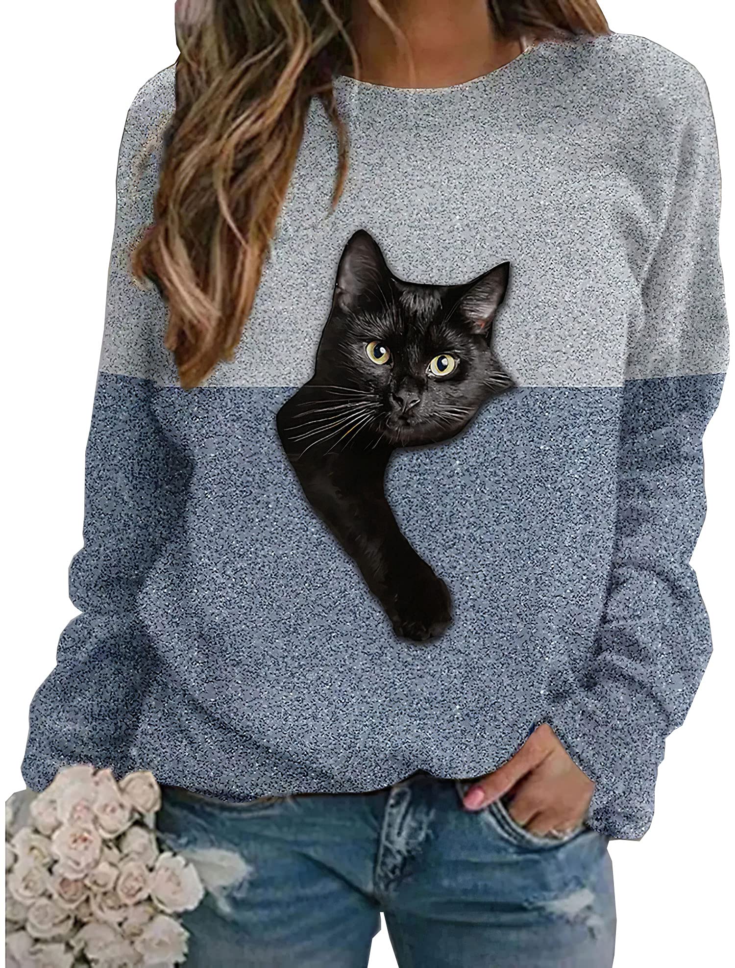 Womens Crewneck Animals Cat Dragonfly Fox Cow Print Sweatshirt Long Sleeve Sweatshirts for Women Casual Tunic