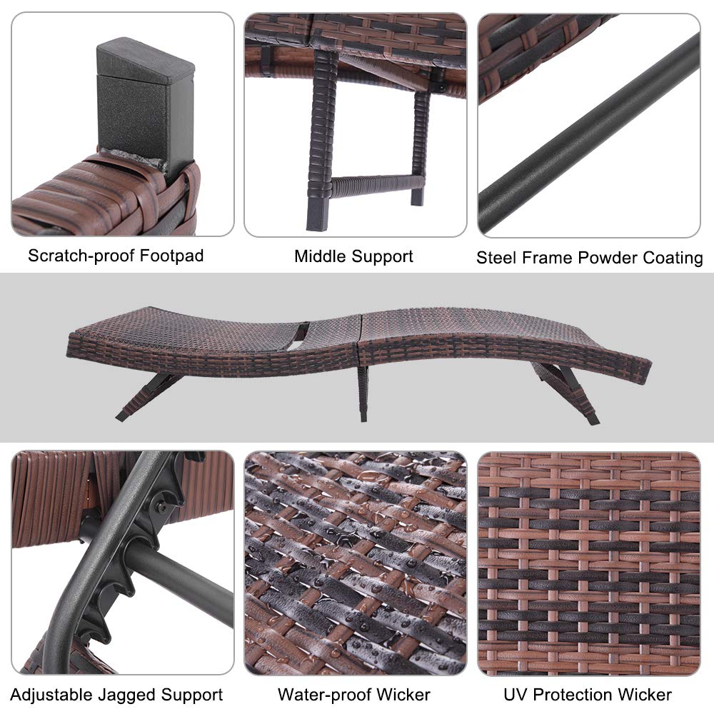 SSLine Outdoor Patio Chaise Lounge S-Shape Poolside Reclining Lounge Chair with Cushions and Adjustable Backrest Folding Portable Brown PE Wicker Chaise Lounger Sunbed for Pool Deck