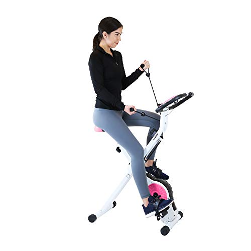 Xspec Indoor Foldable Stationary Upright Exercise Cardio Workout Cycling Bike with 16 Level Resistance & Arm Resistance Bands, Magenta