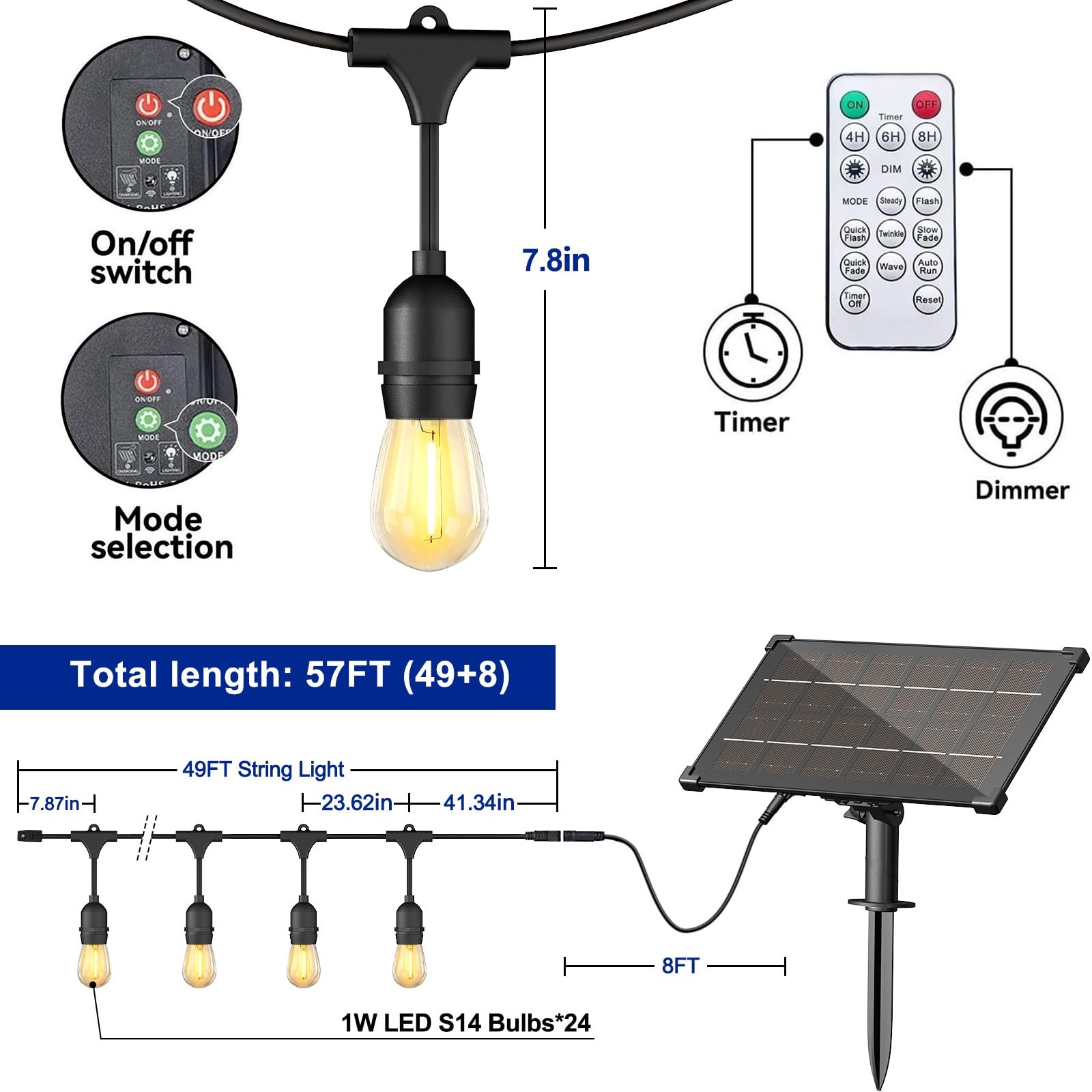 Stright 35FT Solar String Lights Outdoor Weatherproof with Remote, Solar Powered LED Edison Bulb Outdoor String Lights for Outside Patio Backyard Fence Halloween Christmas Decorations