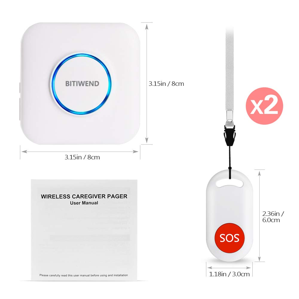 Wireless Caregiver Pager Nurse Call Alert Caregiver Pager with IP55 Waterproof SOS Call Button for Caregiver Alert System with Neck Strap (2 SOS Button+1 Receiver)