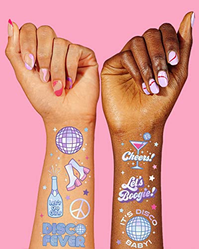 xo, Fetti Disco Birthday Party Temporary Tattoos - 48 Iridescent Foil Pcs | Birthday Girl Party Decorations, Dancing Queen, 70s Groovy Party