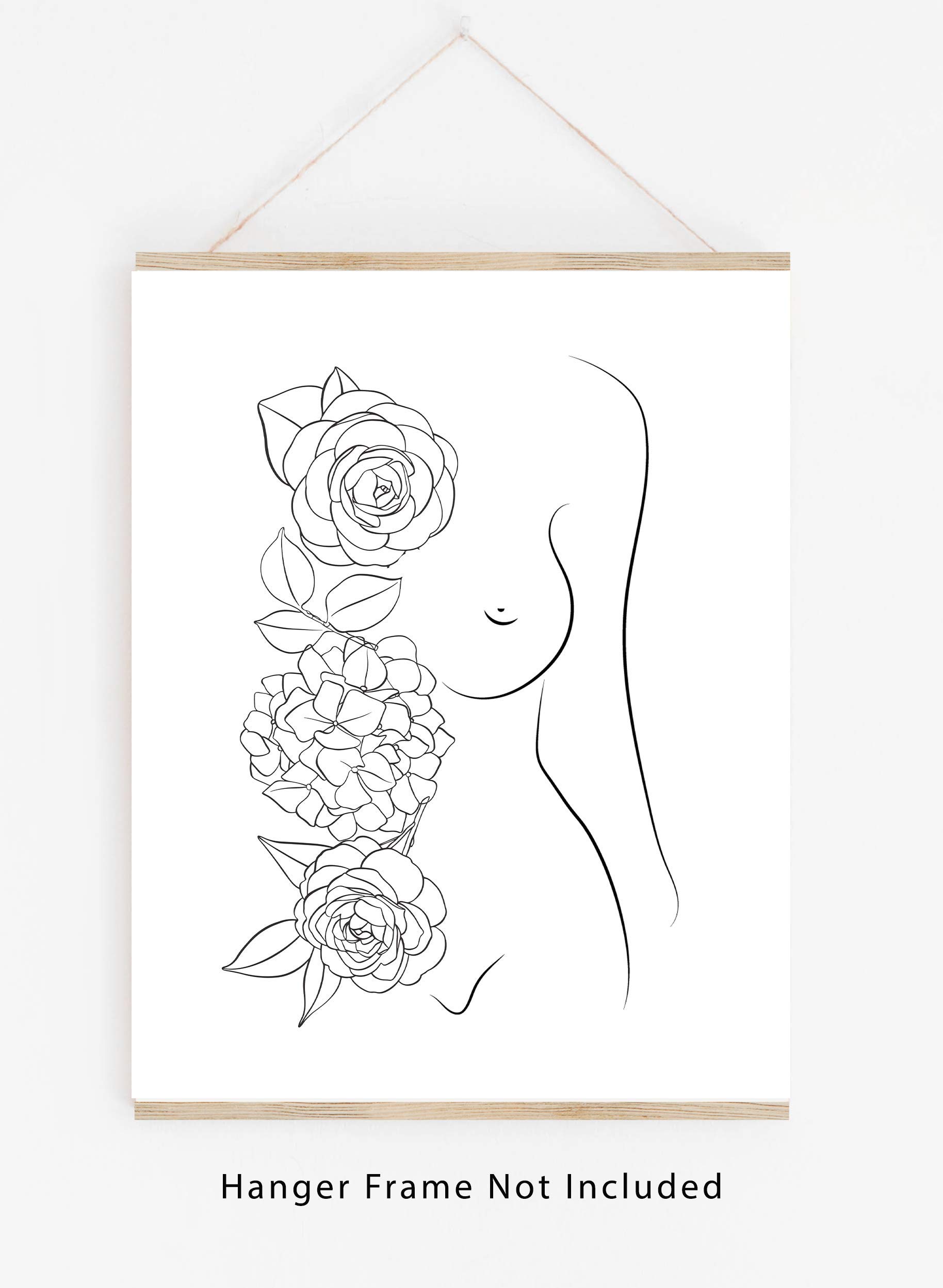 Woman’s Body with Flowers Line Art - 11x14 UNFRAMED Abstract Minimalist Decor Wall Print in Black on White.