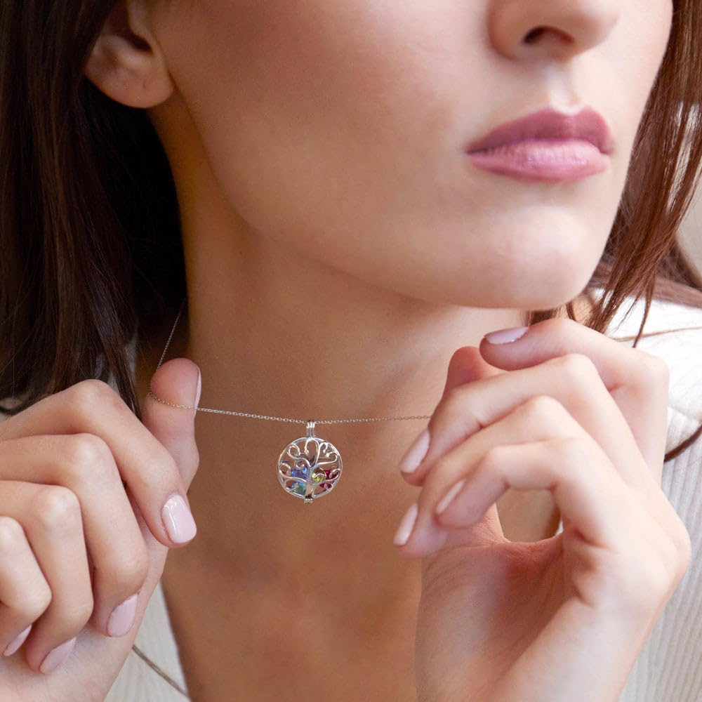 Women's Sterling Silver Personalized 6mm Round Simulated Birthstone Family Tree Locket (16" chain) - Personalized Birthstone Necklaces - Family Tree Jewelry - Gifts for Mom