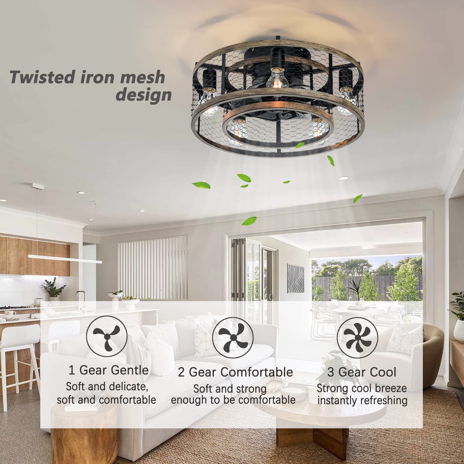 TFVV 20" Caged Ceiling Fan with Light,Low Profile Flush Mount Bladeless Small Ceiling Fan Light for Bedroom,Livingroom (Copper)