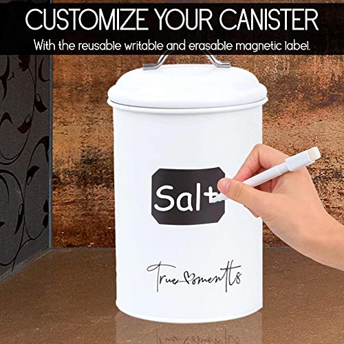 True Moments Nesting Kitchen Canisters, Set of 3 for Countertop Storage, Airtight White Farmhouse Canister Jars with Removable Chalkboard Labels and Marker (White, Black)