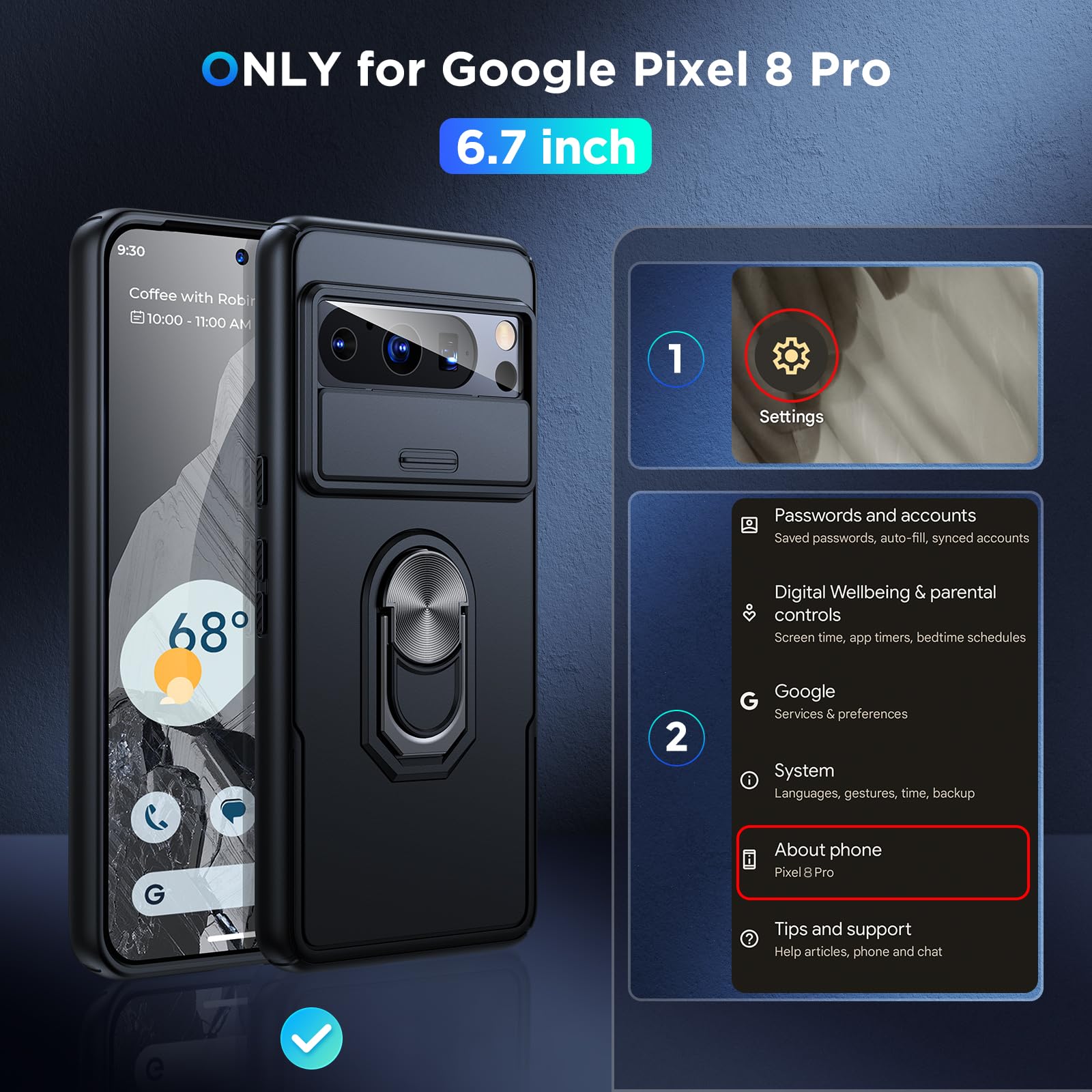 Simtect for Google Pixel 8 Pro Case with Sliding Camera Cover, [Military Drop Protection] [360° Rotation Ring Stand], Slim Protective Case for Google Pixel 8 Pro Phone Case 6.7'' - Black