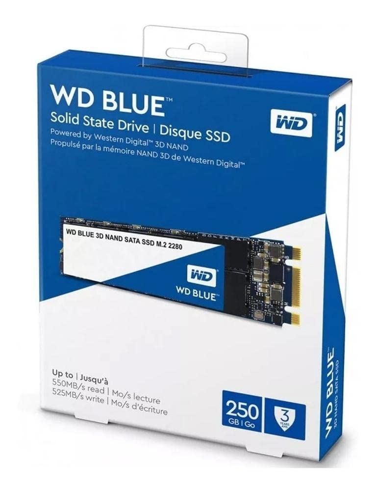 Western Digital 250GB WD Blue 3D NAND Internal PC SSD - SATA III 6 Gb/s, M.2 2280, Up to 550 MB/s - WDS250G2B0B