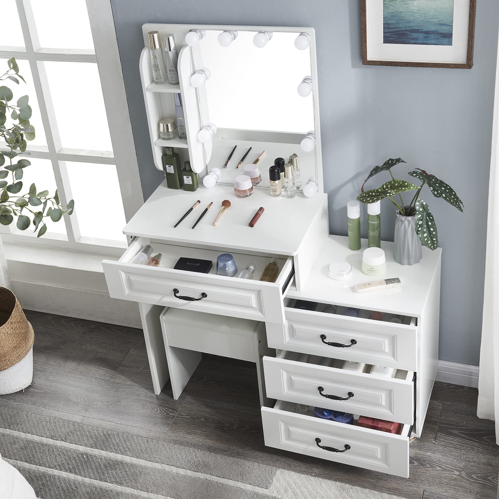 Vanity Desk with Mirror and Lights, Makeup Table with 4 Drawers, 3 Lighting Modes Adjustable Brightness, Dressing Table for Girls, White