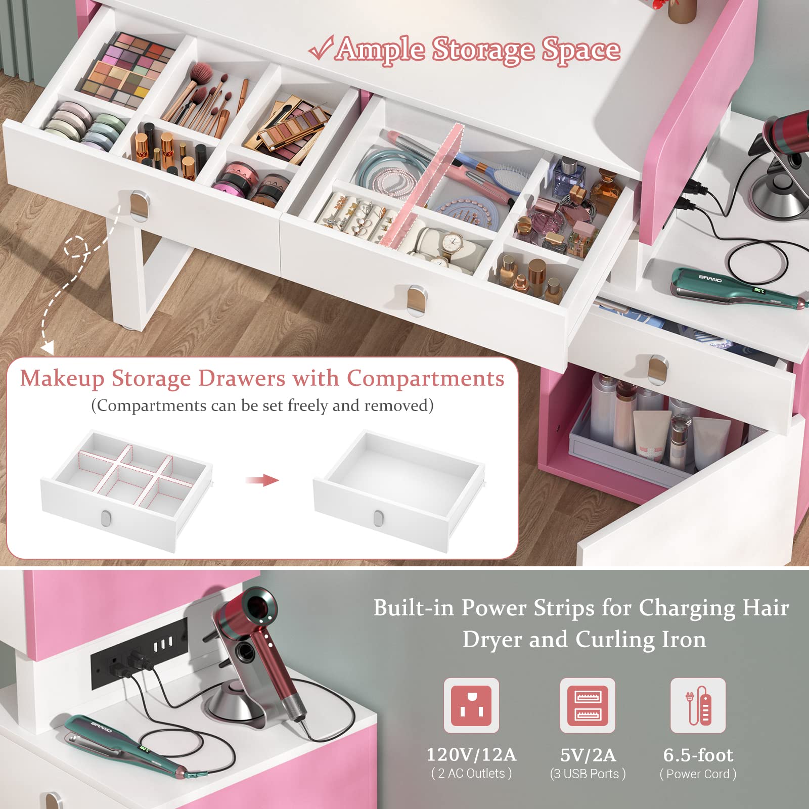 Vanity Desk with Lighted Mirror & Power Outlets, 44'' Makeup Vanity Set with Lights & 3 Drawers, Vanity Mirror with Lights Desk & Chair, Dressing Table with Reversible Cabinet & Stool, White & Pink