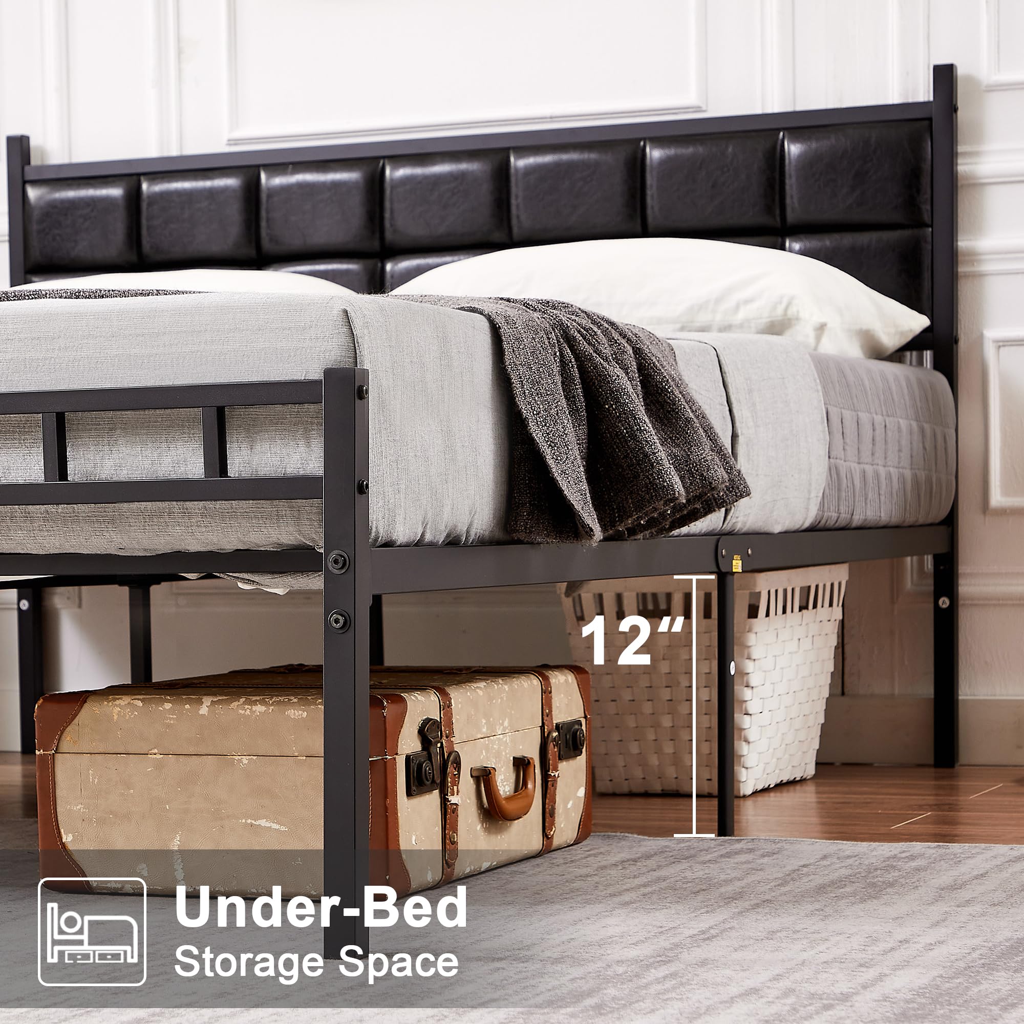 VECELO Queen Size Metal Bed Frame with Faux Leather Headboard, Heavy-Duty Platform Beds, 12 inch Under-bed Storage, Steel Slats Support, No Boxing Spring Needed, PU Black